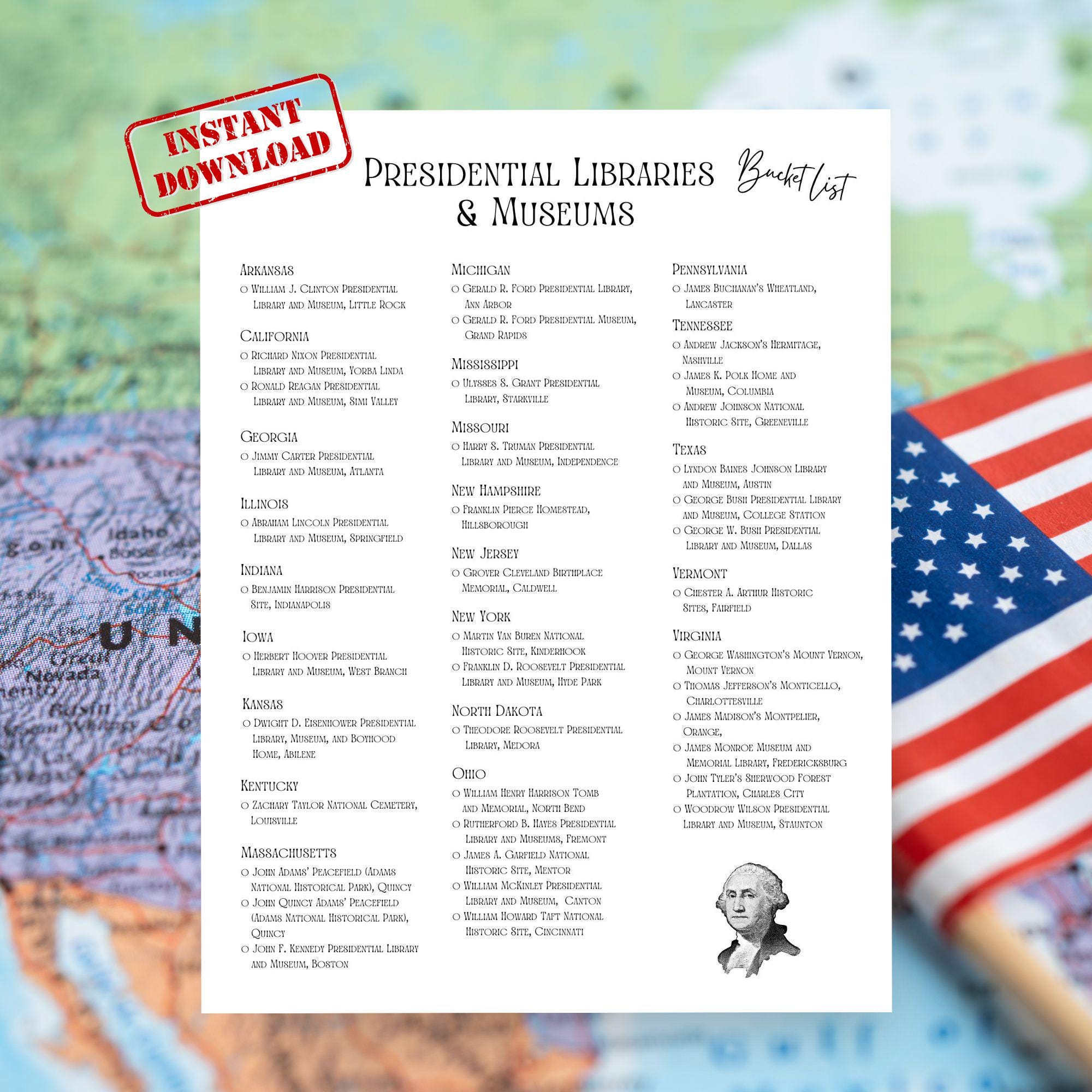 Presidential Libraries & Museums Checklist: USA Travel Bucket List (PDF ...