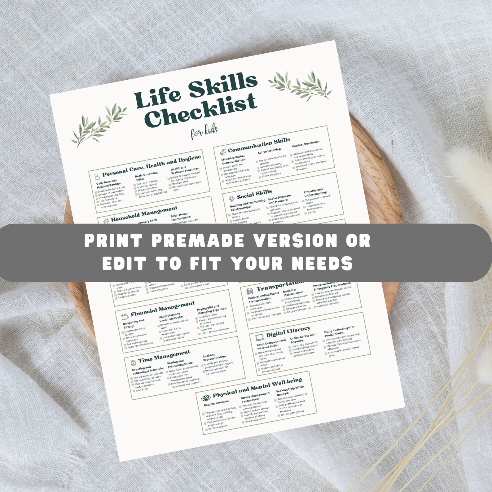 EDITABLE Life Skills Checklist for Kids, Teen Readiness, Tracker ...