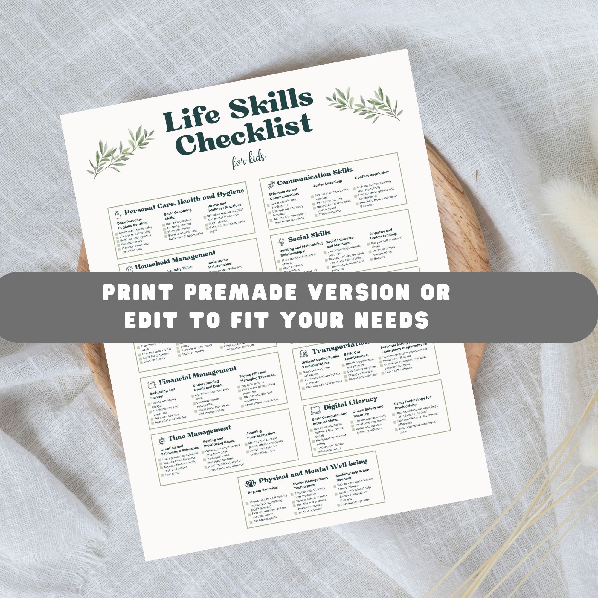 EDITABLE Life Skills Checklist for Kids, Teen Readiness, Tracker ...