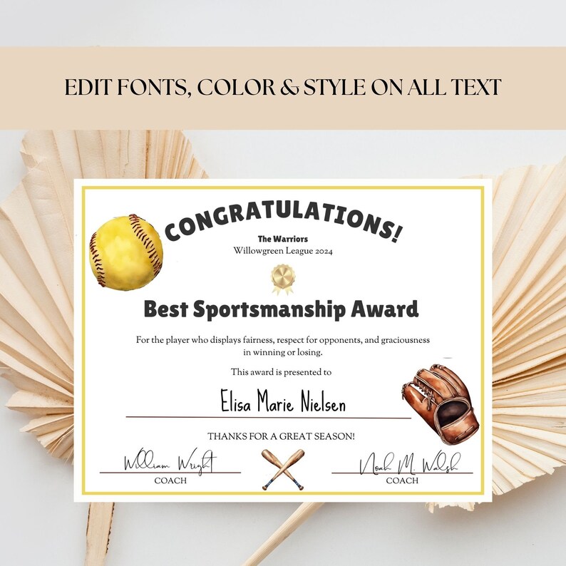 Editable Softball Award Certificates: Team Banquet Printables (canva ...