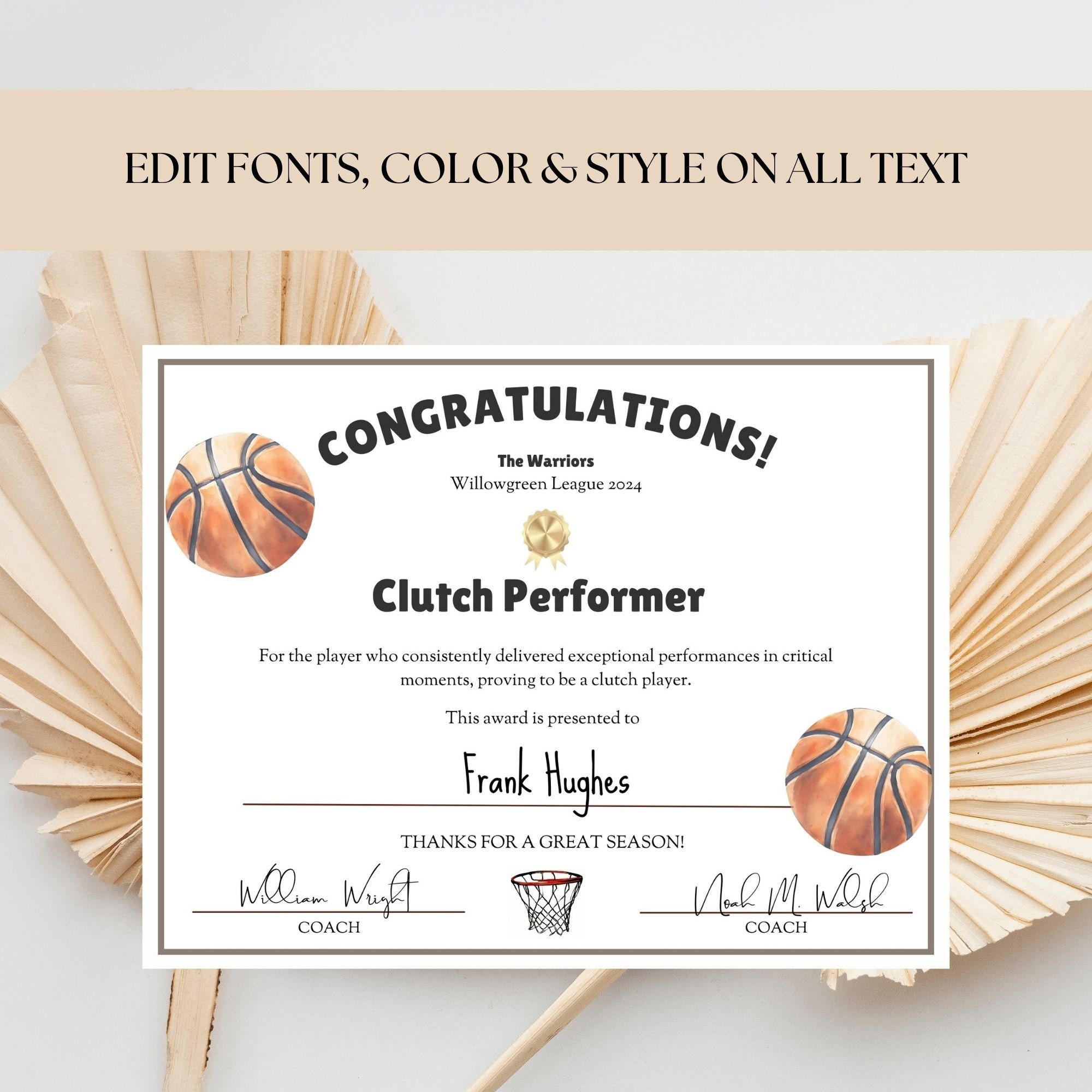 Editable Basketball Award Certificates: Team Banquet Template (canva ...