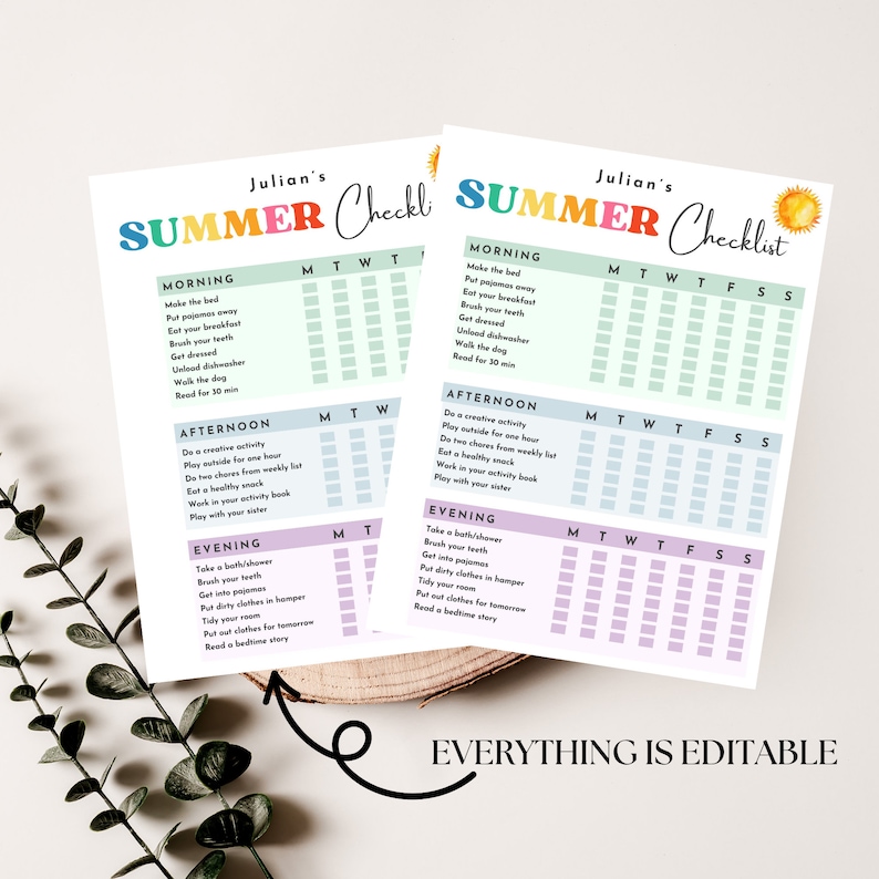 Editable Summer Daily Checklist for Kids: Chore Chart (canva Template ...