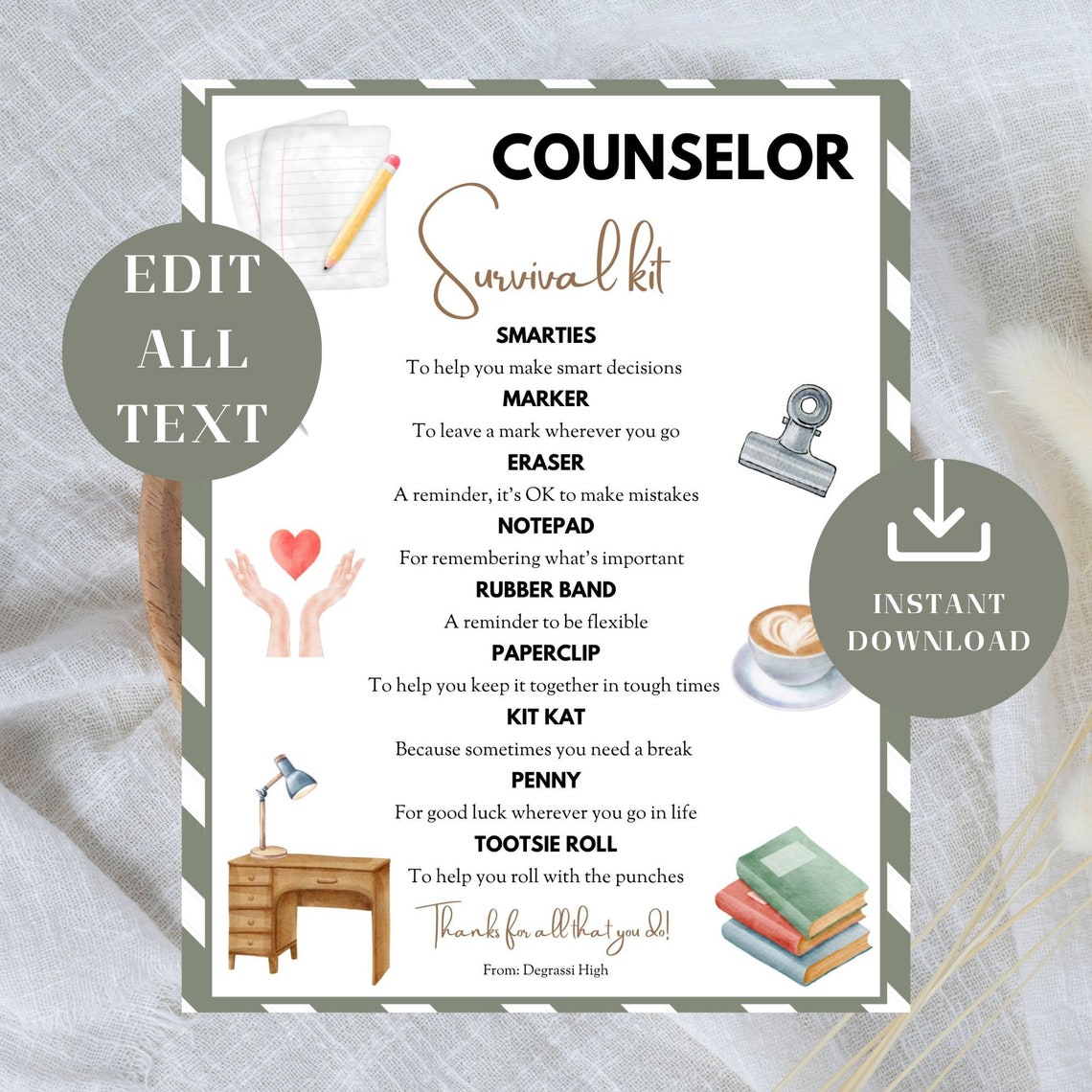 Counselor Survival Kit Card: Back to School Thank You Gift (editable ...