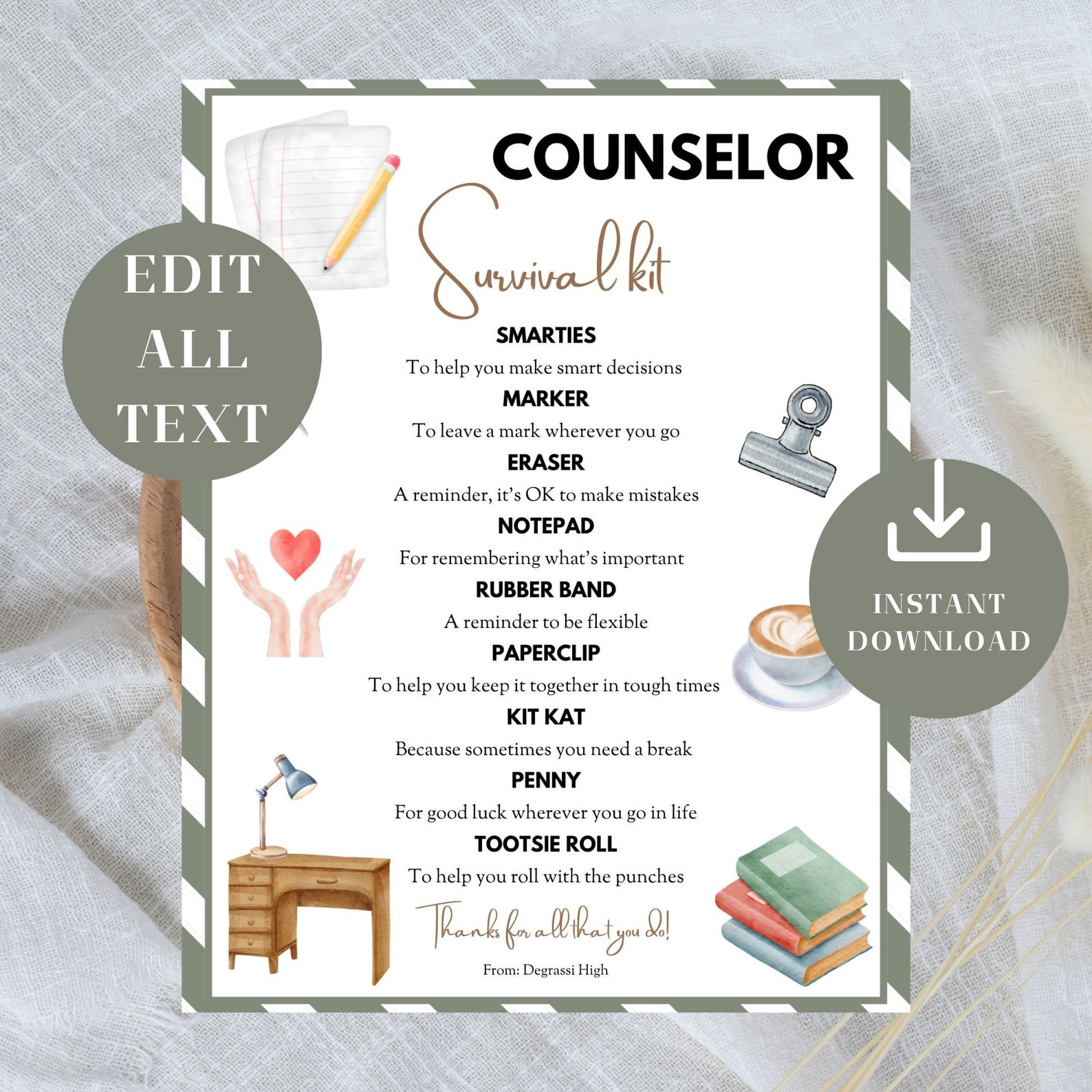 Counselor Survival Kit Card: Back to School Thank You Gift (editable ...