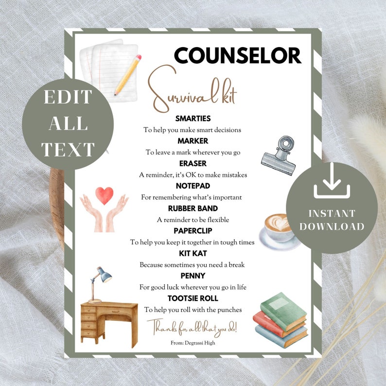 Counselor Survival Kit Card: Back to School Thank You Gift (editable ...