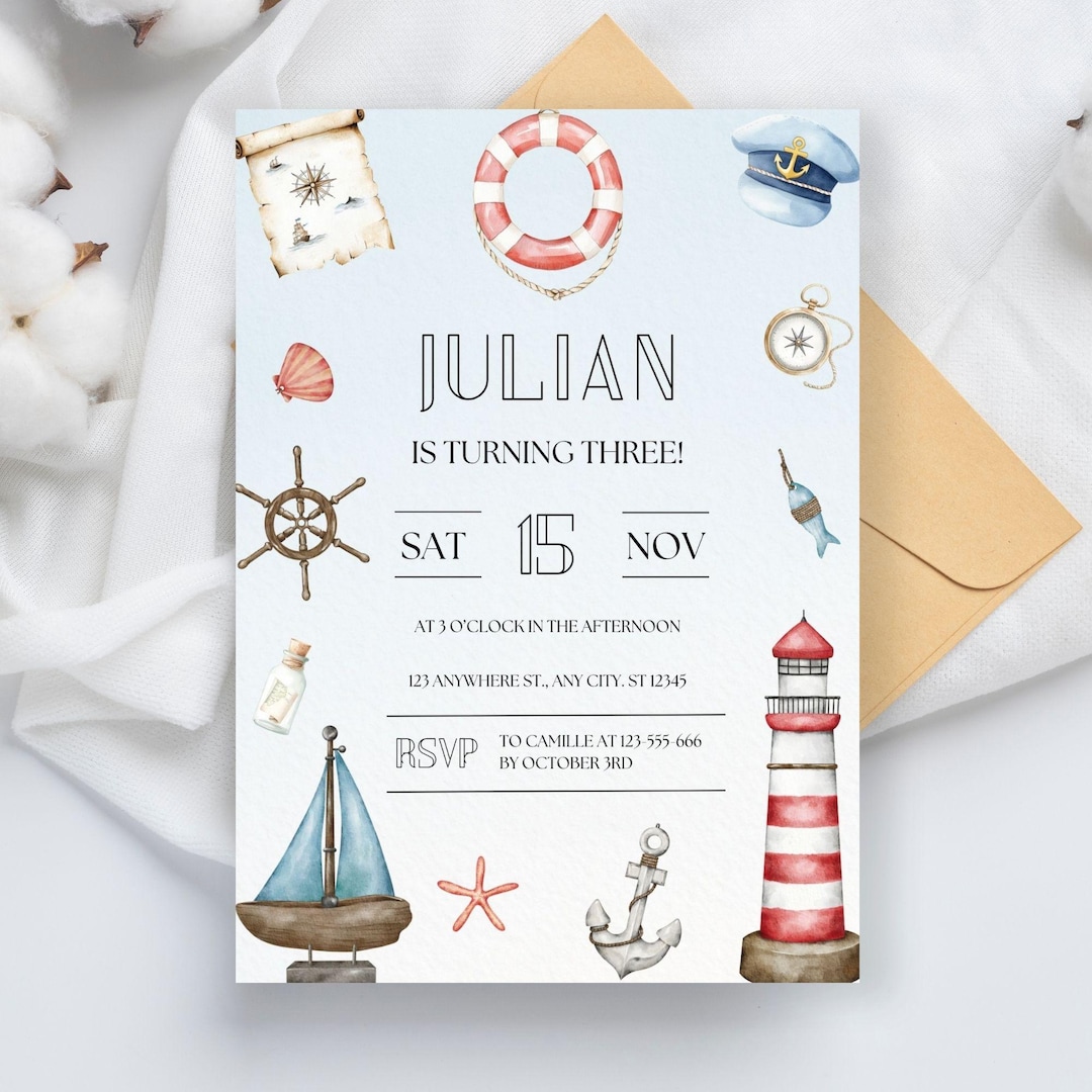 Editable Nautical Sailboat Birthday Invitation: Marine Theme (digital ...