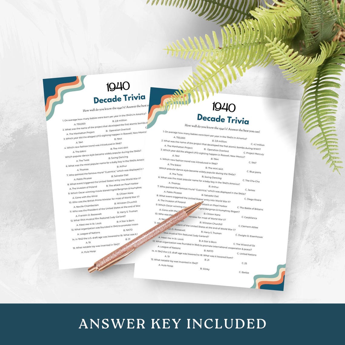 1940s Decade Trivia Game: 80th Birthday Party (digital Download) - Etsy