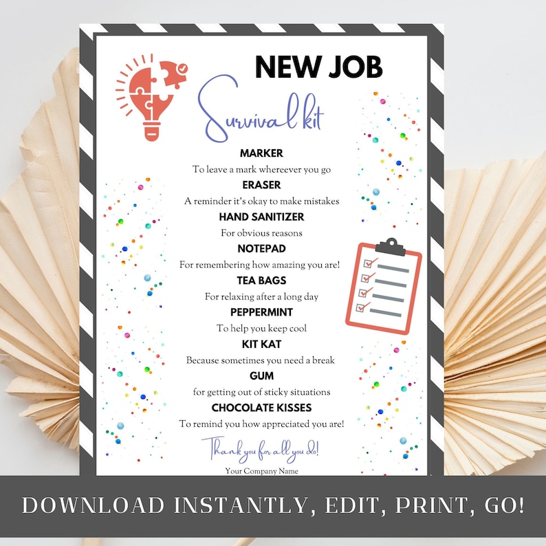 New Employee Survival Kit, New Job Tag Editable Template, Career ...
