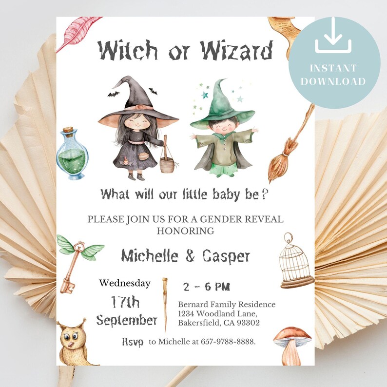 Witch or Wizard Gender Reveal Invite, Editable Invitation Magic Boy ...