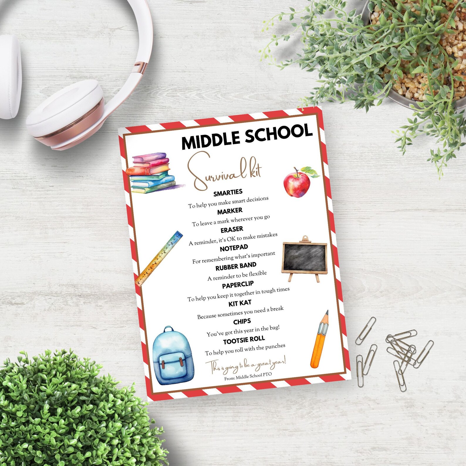 Middle School Survival Kit Printable: Teacher/student Gift (editable ...