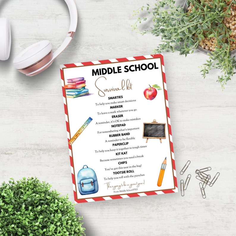 Middle School Survival Kit Printable: Teacher/student Gift (editable ...