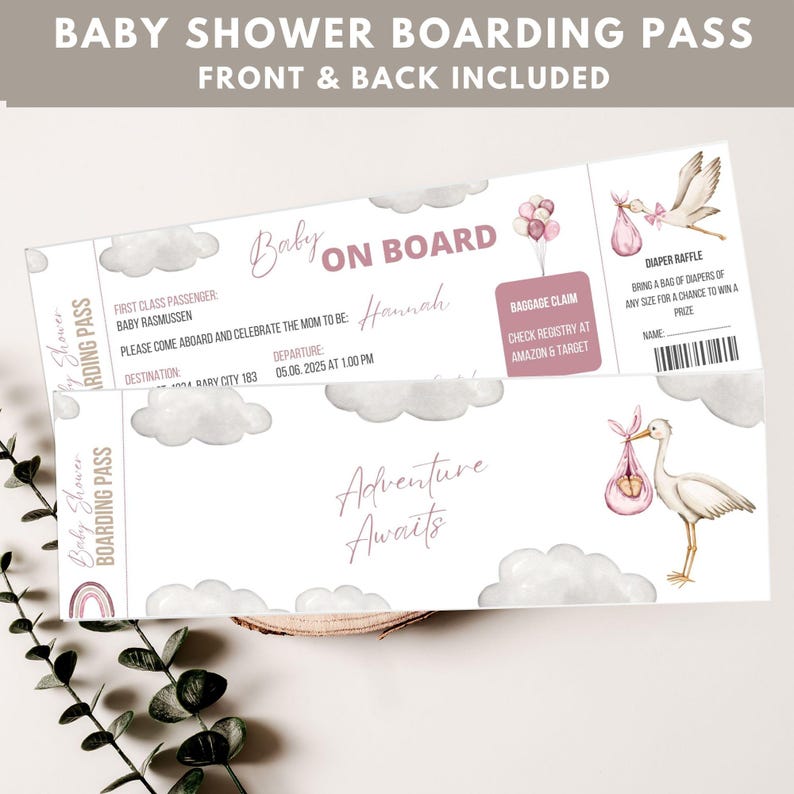 Pink Stork Boarding Pass Baby Shower Invitation (editable Template) - Etsy