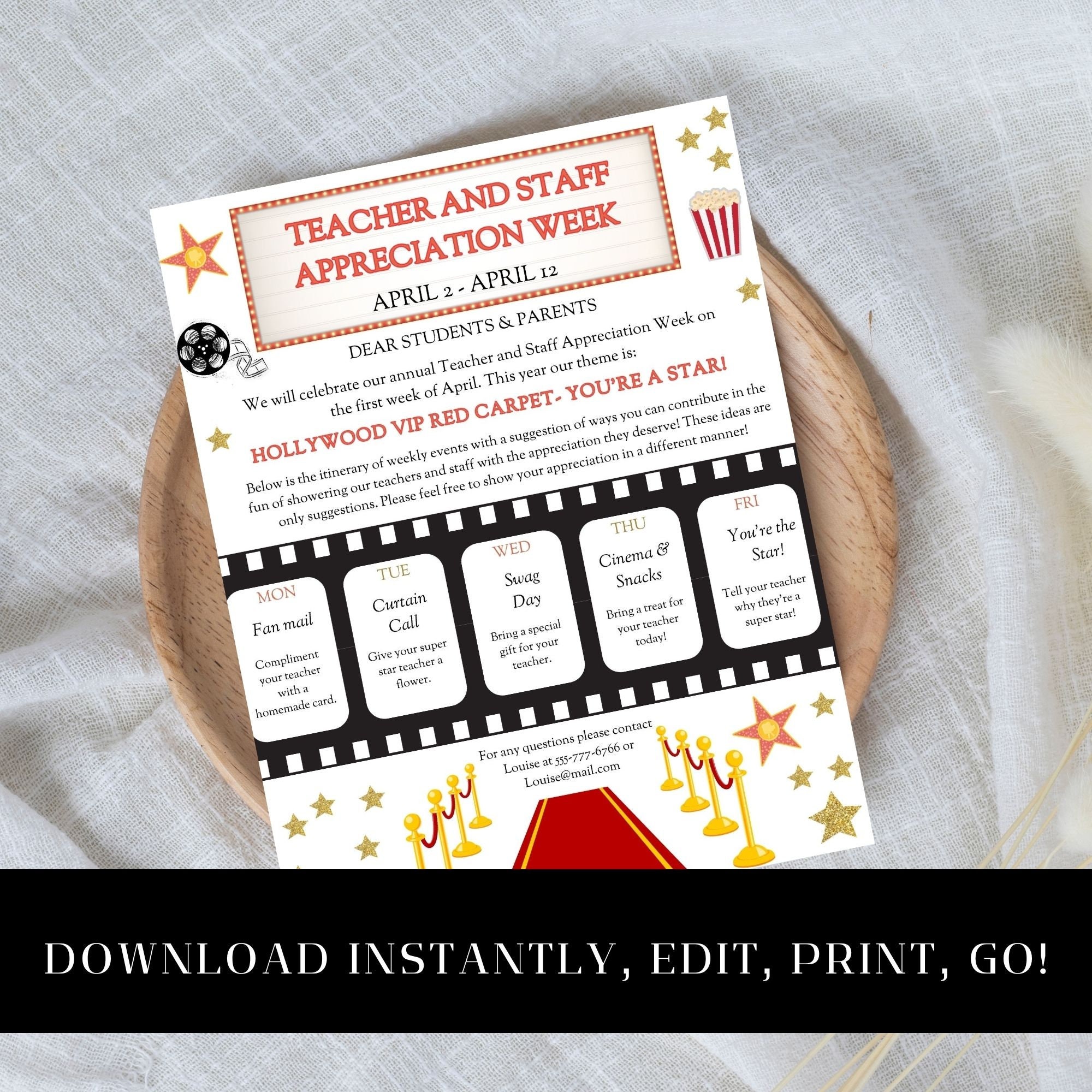 Hollywood Themed Teacher Appreciation Week, Staff Invite Newsletter ...