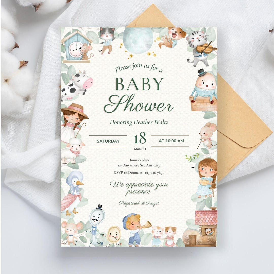Nursery Rhyme Baby Shower Invitation, Storybook Themed Invite, Editable ...