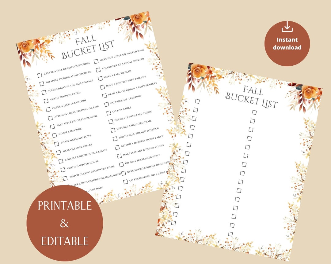 Fall Bucket List Printable, Fall Bucket List Template, Editable Autumn ...