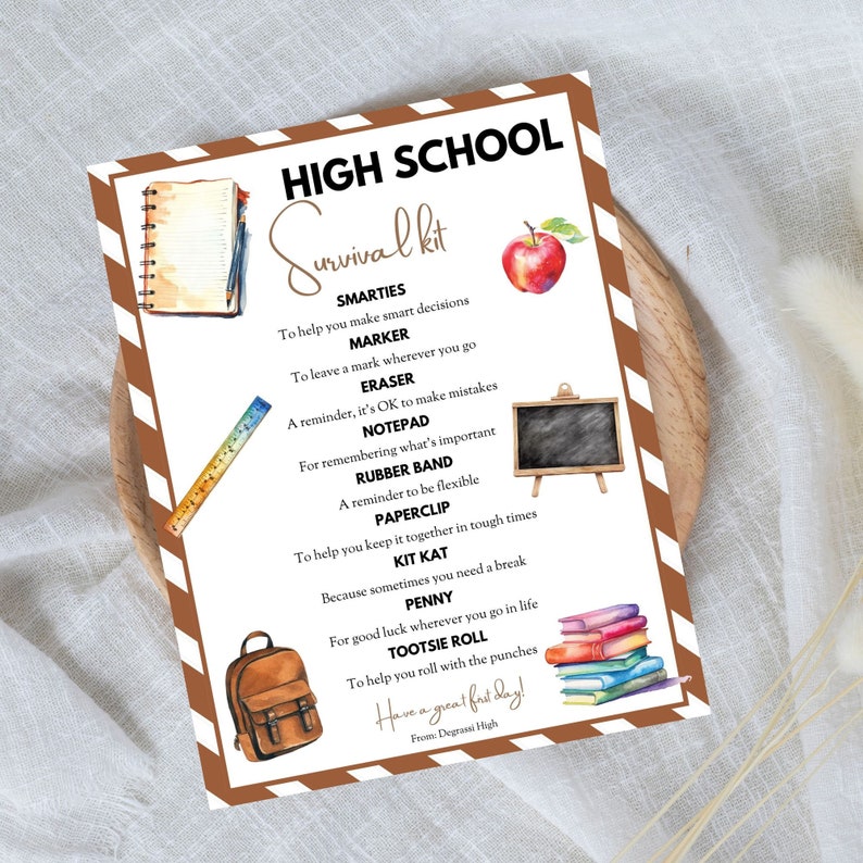 High School Survival Kit Card: Printable Teacher/student Gift (editable ...