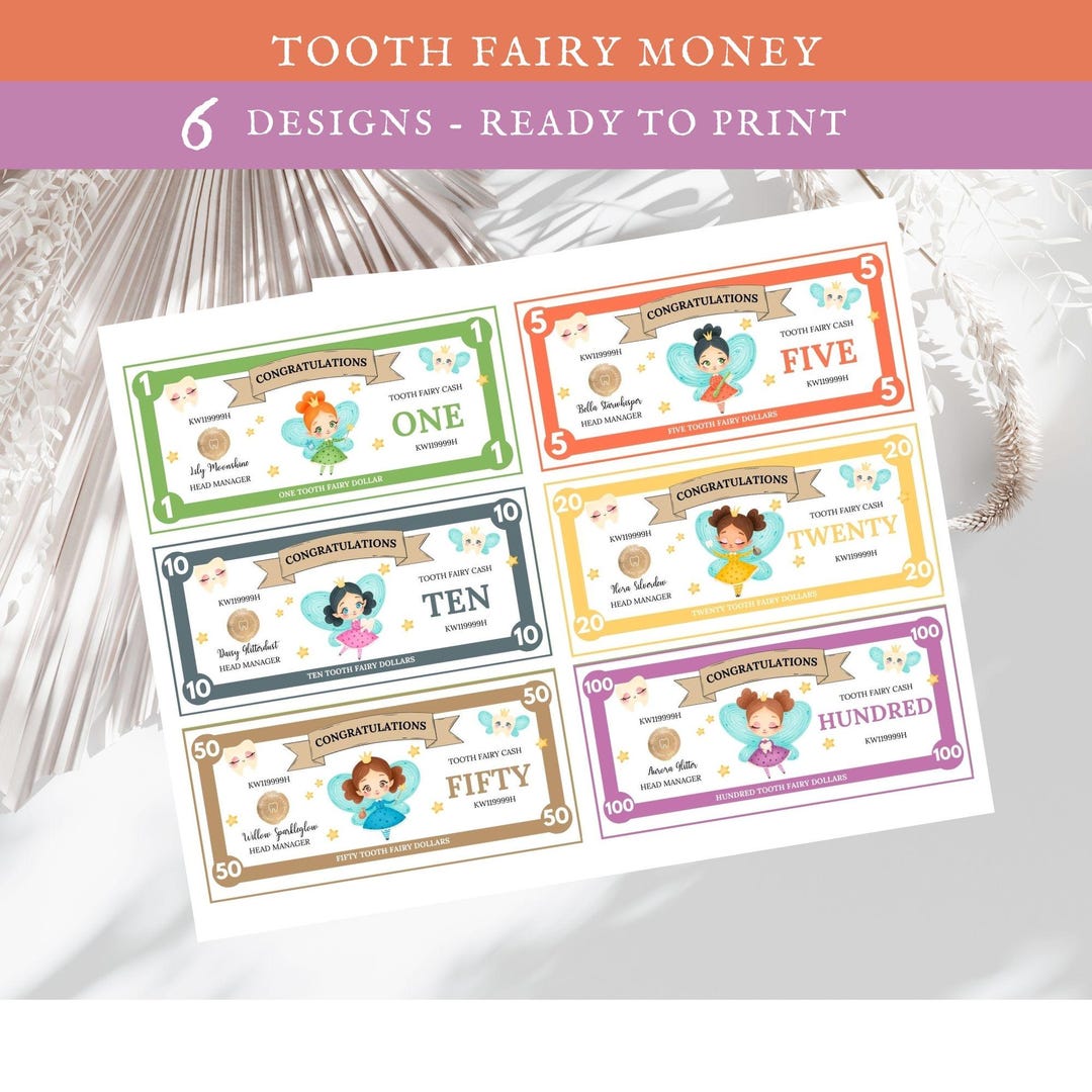 Printable Tooth Fairy Money, Kids Play Dollars, Fake Coupons, Pretend ...