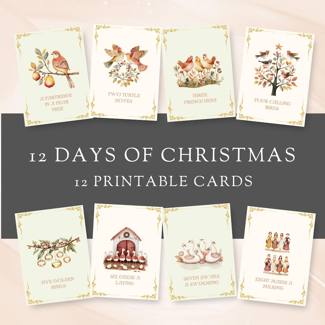 12 Days of Christmas Printable Cards, Twelve Days of Xmas Set, Instant ...