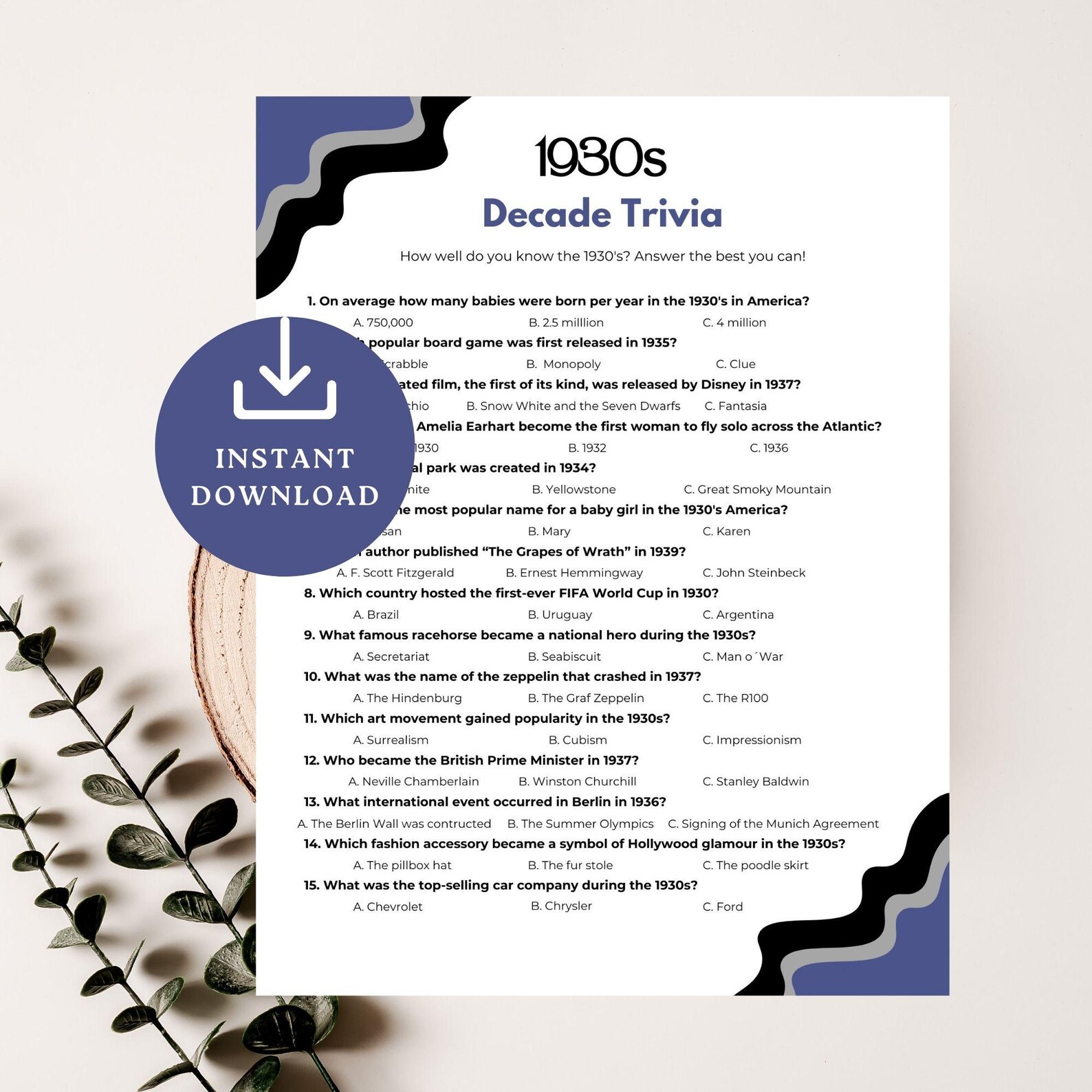 1930s Decade Trivia Game: 90th Birthday Party (digital Download) - Etsy