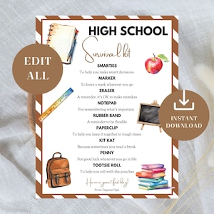 High School Survival Kit Card: Printable Teacher/student Gift (editable ...