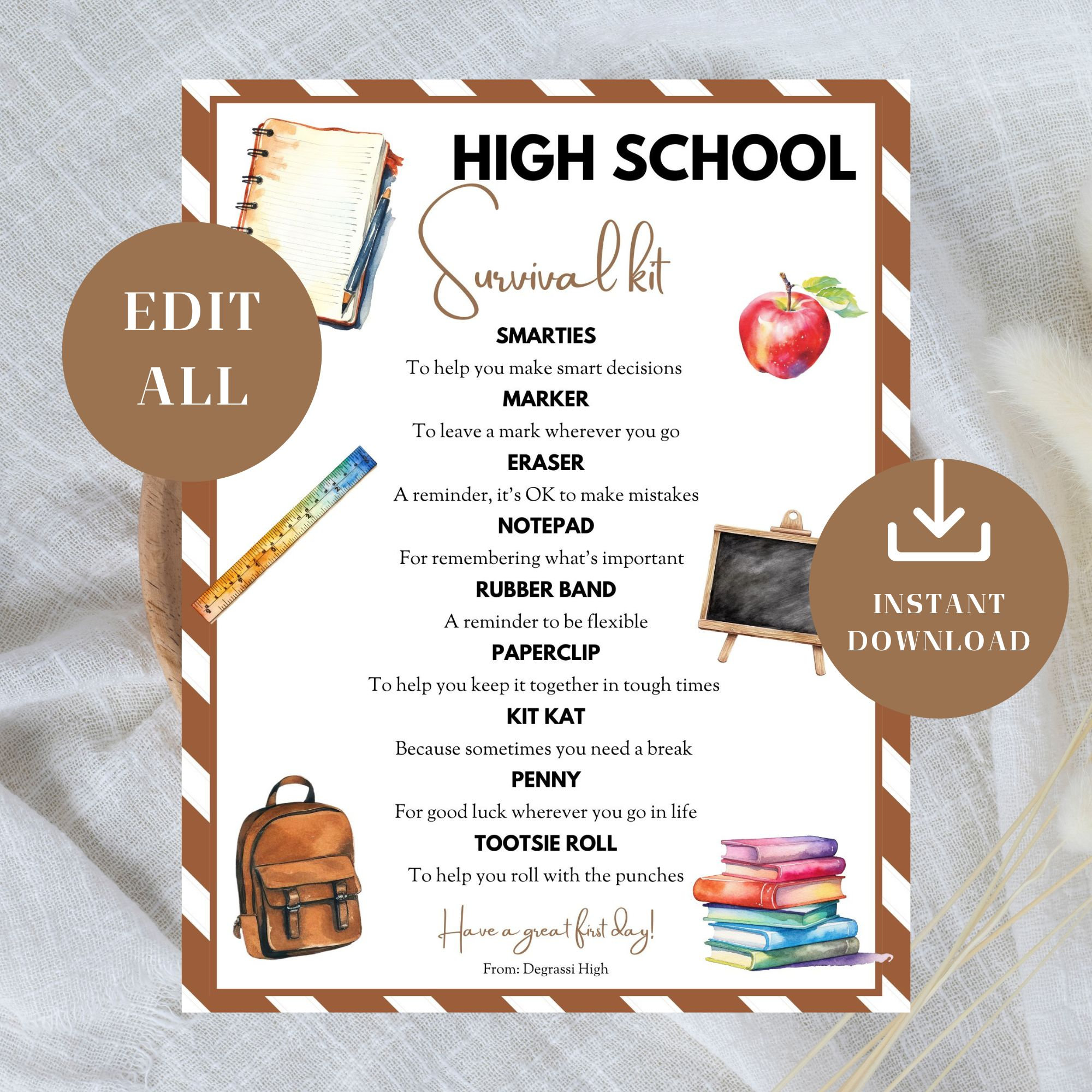 Survival Kit for High School, Printable, Back to School, Teacher Gift ...