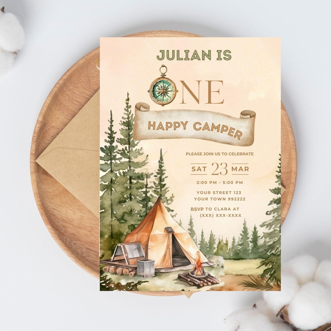 Editable One Happy Camper 1st Birthday Invitation (canva Template) - Etsy