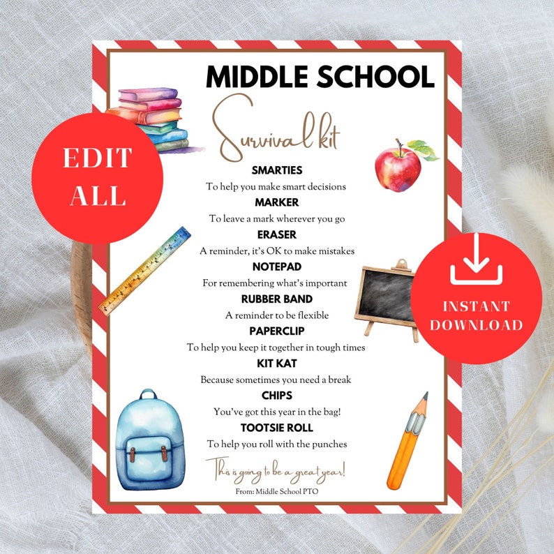 Middle School Survival Kit Printable: Teacher/student Gift (editable ...