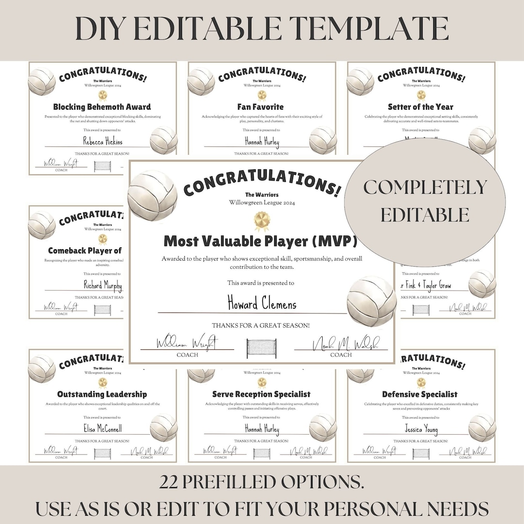 Editable Volleyball Award Certificates: End of Season Team Banquet ...