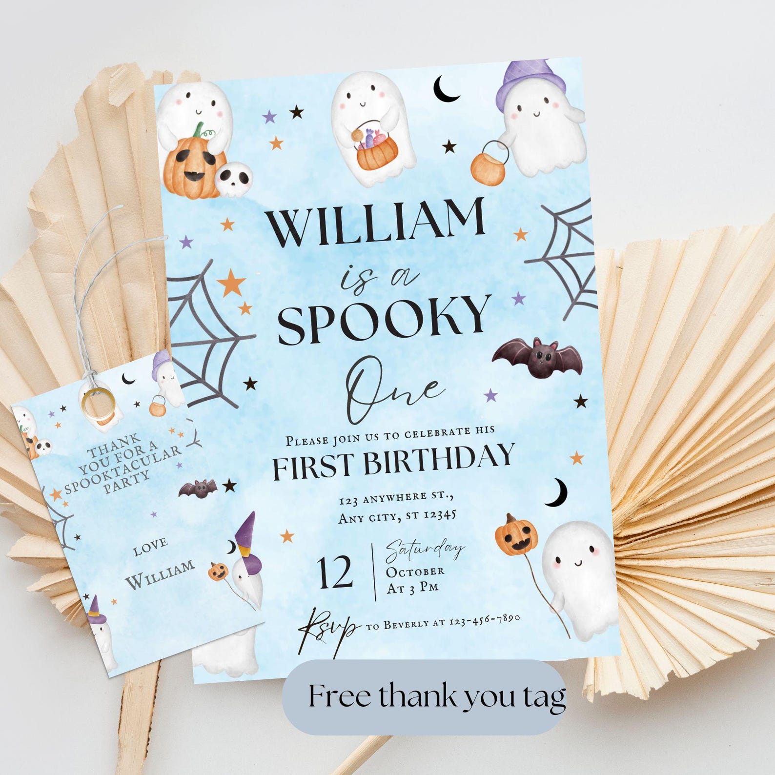 1st Birthday Invite Halloween Theme, Boy Blue Ghost Spider Bats, Spooky ...