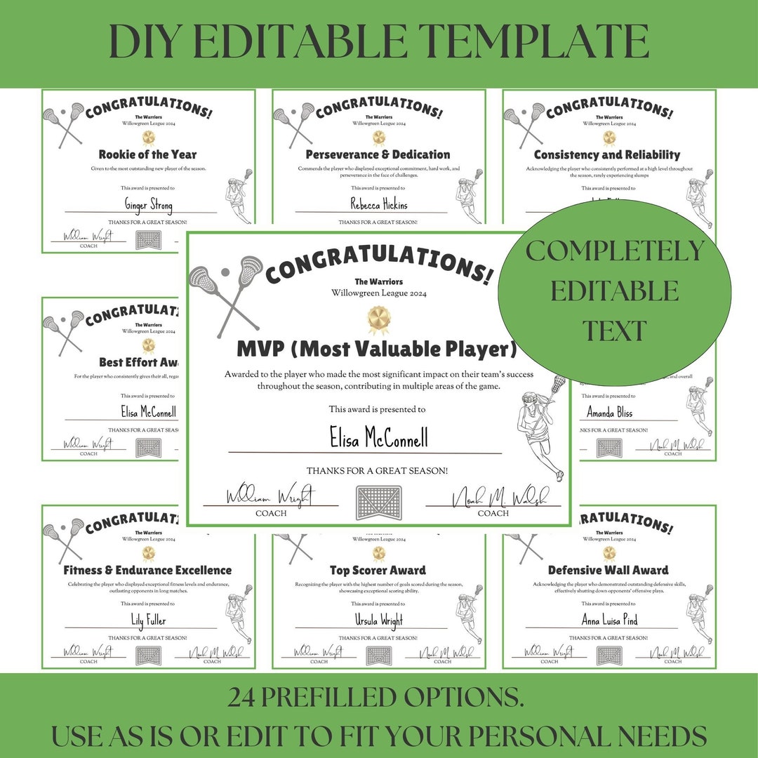 Lacrosse Award Certificates, Ceremony Player Gift, Girls & Women Female ...