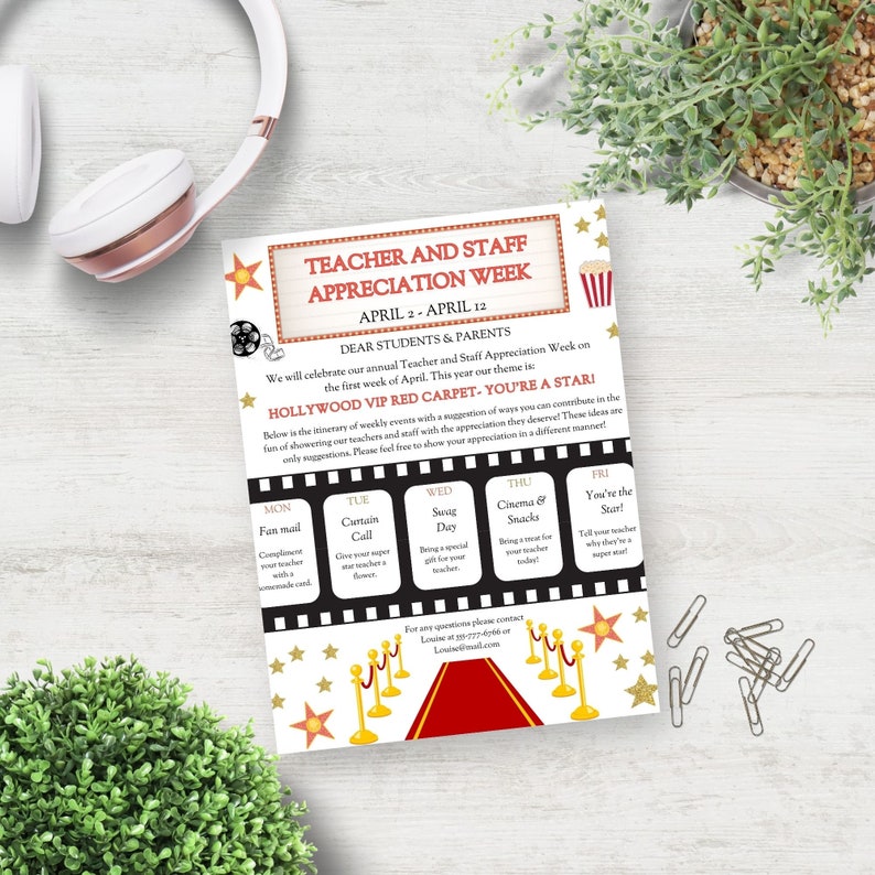 Hollywood Themed Teacher Appreciation Week, Staff Invite Newsletter ...