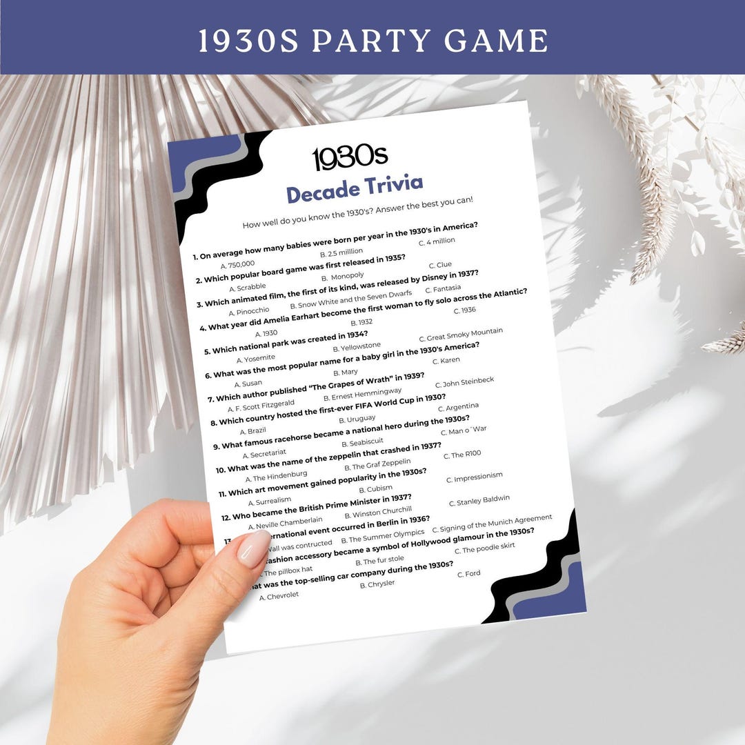 Decade Trivia Game, Fun Trivia 1930s, Thirties, 90th Birthday Party ...