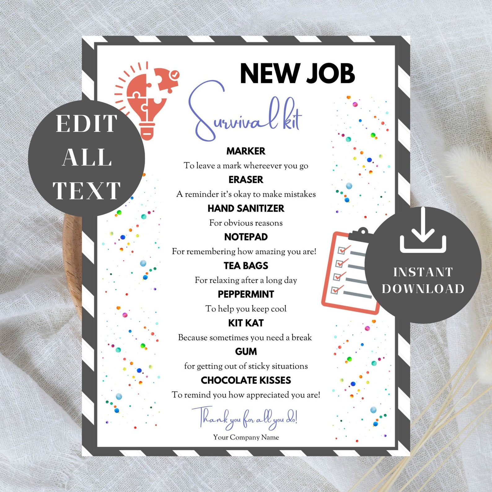 New Employee Survival Kit, New Job Tag Editable Template, Career ...