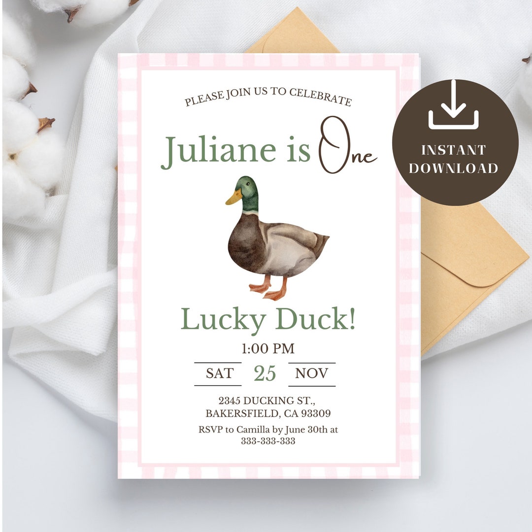 One Lucky Duck Birthday Invitation Digital, Pink Gingham 1st First ...
