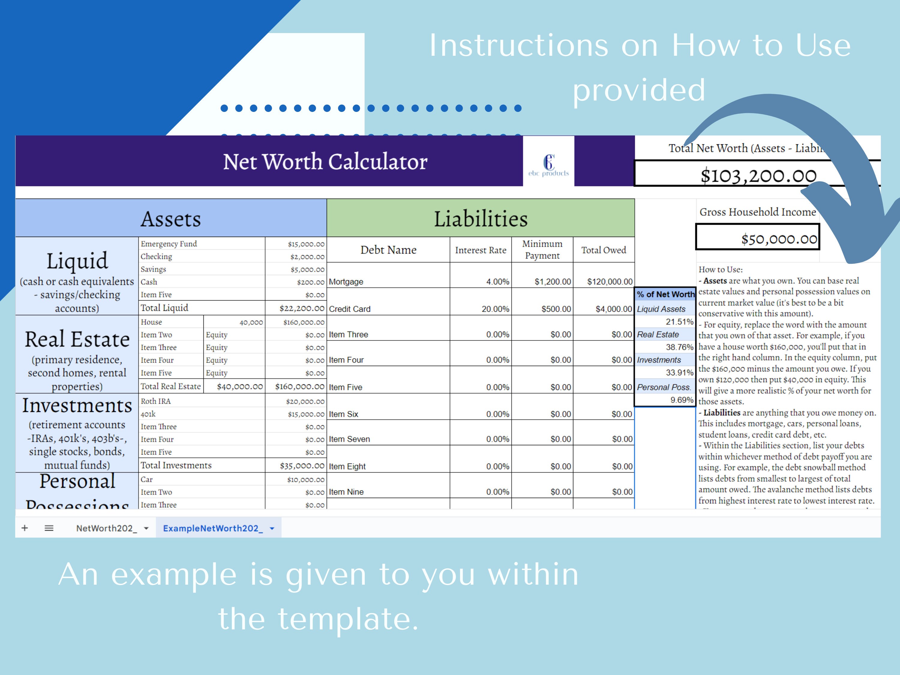Easy Net Worth Calculator Google Sheets Template - Etsy