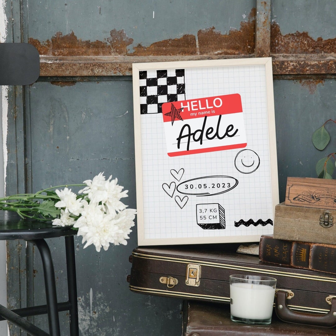 Hello My Name is Custom Baby Name Birth Chart Poster, Retro Scribble ...