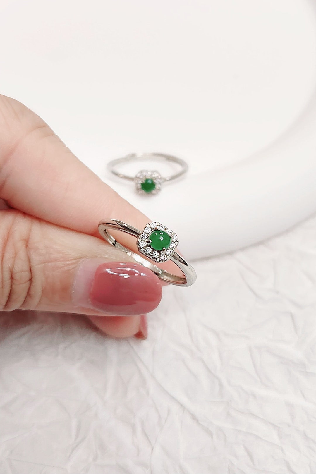 Green Round Cabochon Set in S925 Silver Square Design Ring - Authentic ...