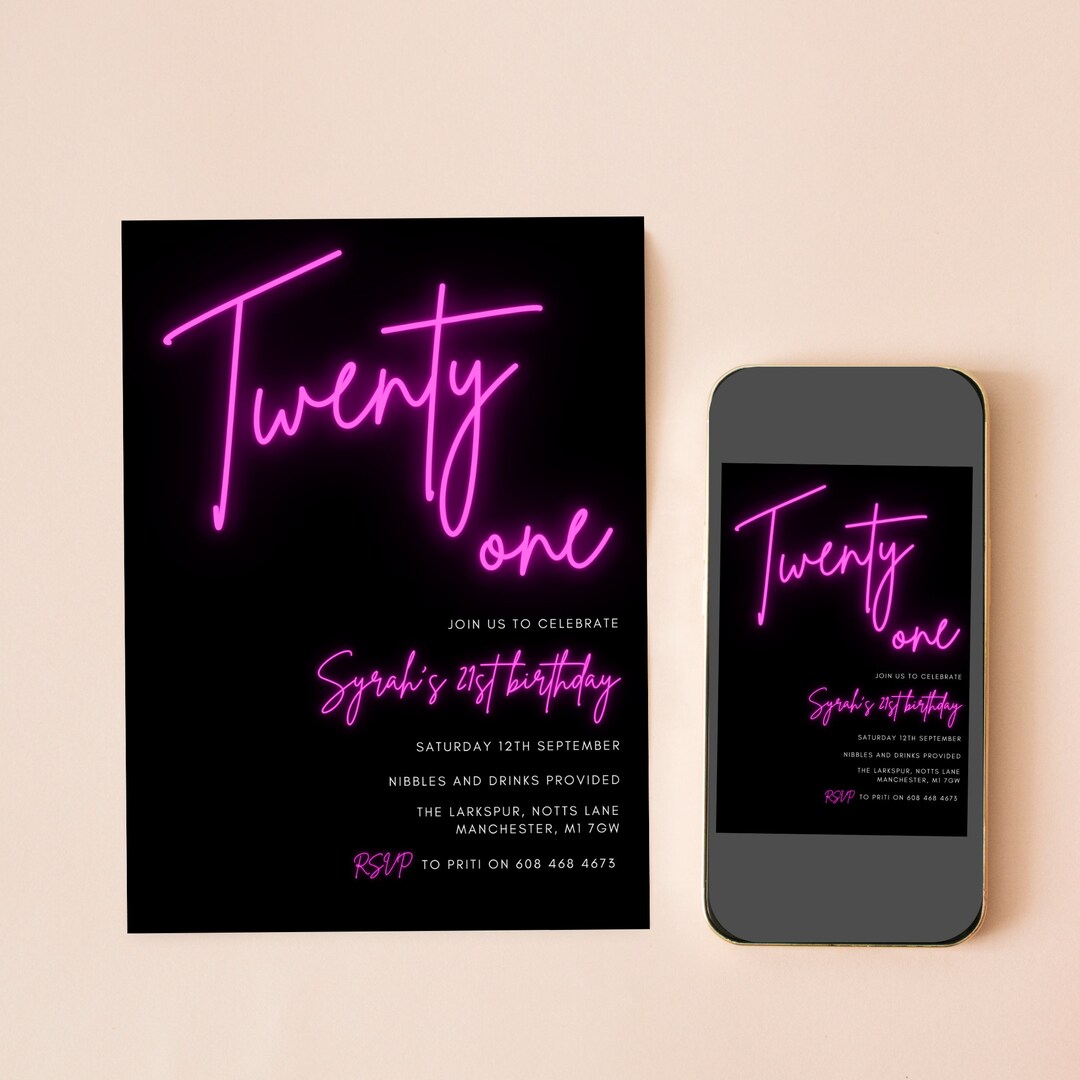 Pink Neon Twenty First Birthday Invitation Black Pink Phone - Etsy