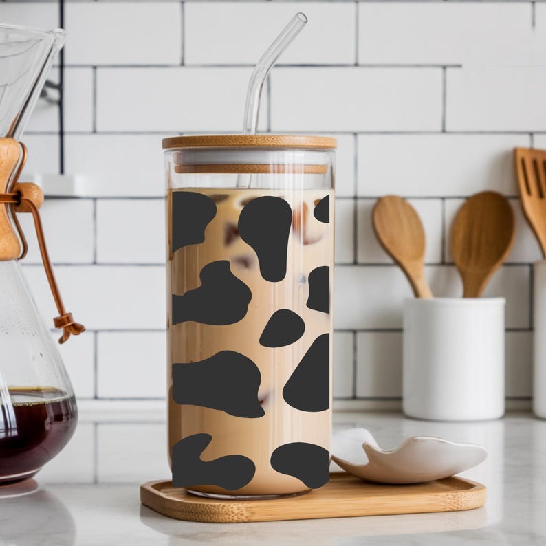 Cow Print Glass Tumbler With Bamboo Lid - Etsy UK