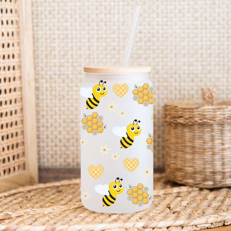 Summber Bee Glass Tumbler Cute Spring Cup Libbey 16oz Yellow Floral Png ...