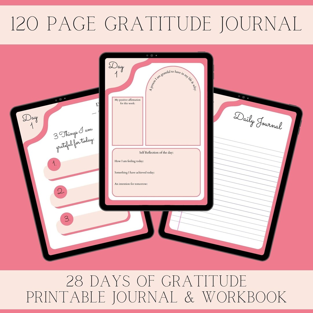 120 Page Pink Gratitude Journal - Printable Document | 28 Days of ...
