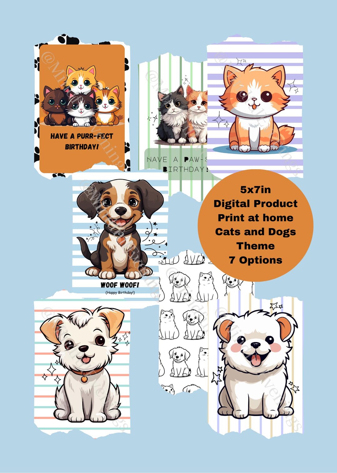 Cats and Dogs Themed Birthday Cards 5x7in Print at Home Digital Product ...