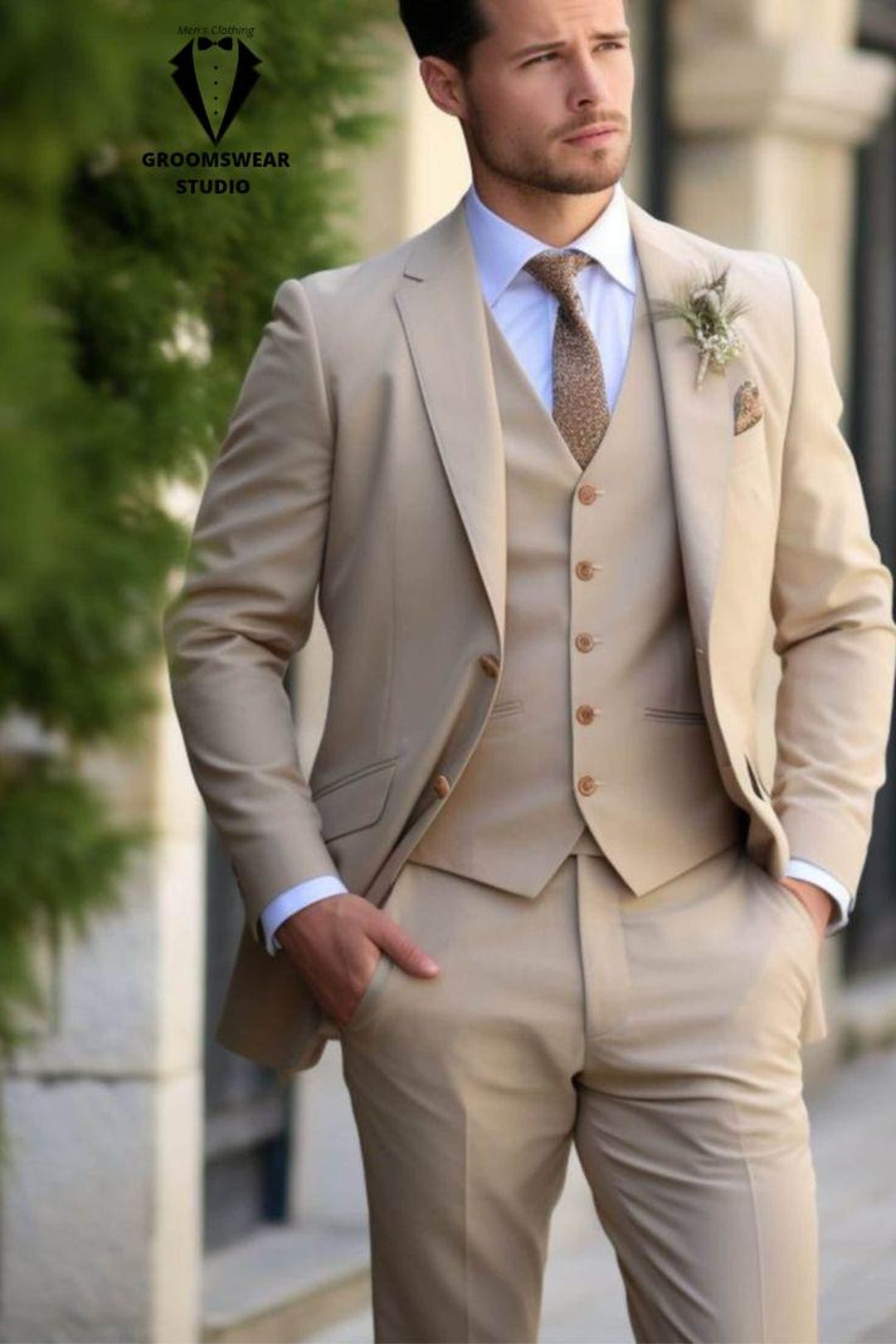 Premium 3 Piece Beige Men's Suit for Groom and Groomsmen Suit, Wedding ...