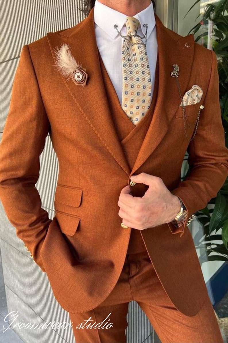 Men Suit, Three Piece Suit, Rust/ Terracotta Suit, Wedding Wear Suit ...