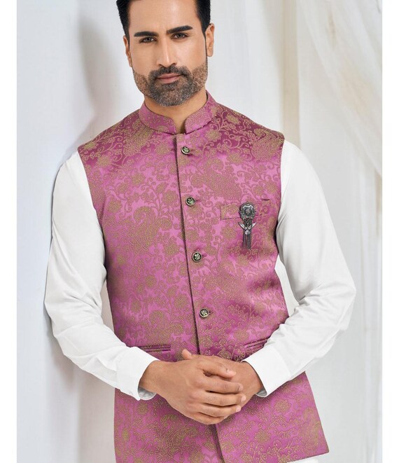 Jecket for Men Premium Luxury Stylish Look Man Nehru Jacket Ethnic Wedding Wear Jacket Groom Wore 5 Button Dusty Rose Jacket