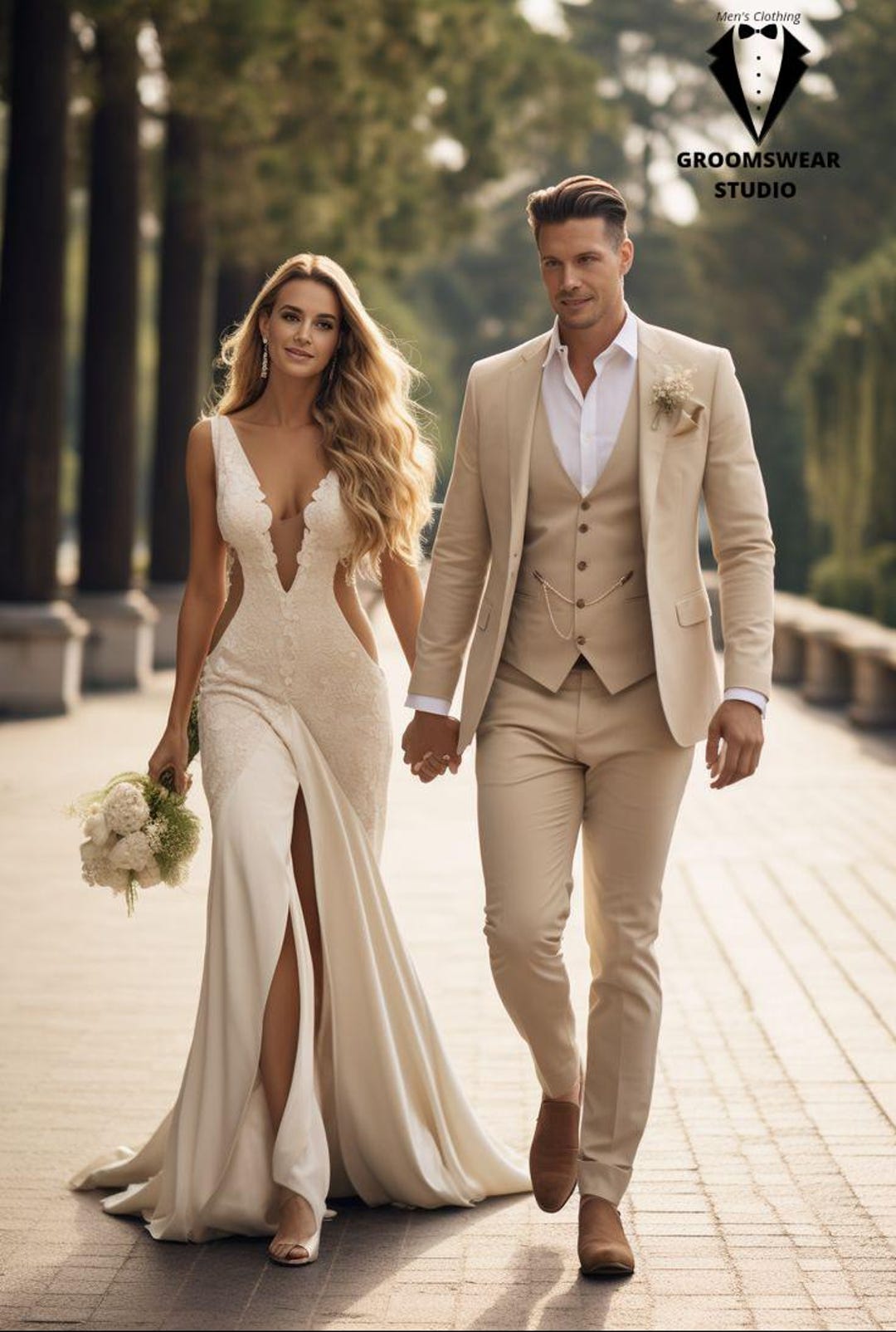 Beige 3 Piece Men's Suit for Groom and Groomsmen Suit, Wedding Suit ...