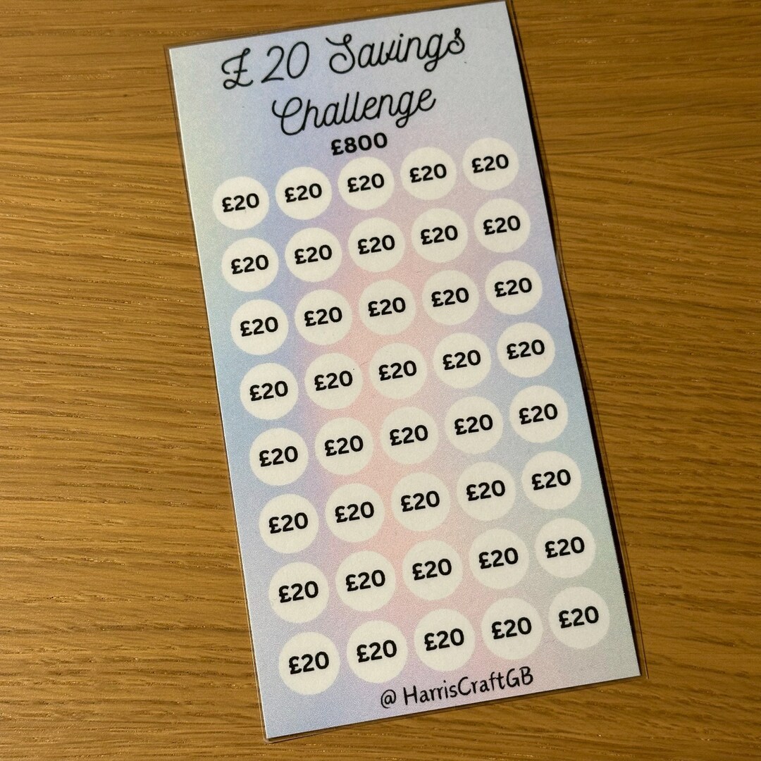 800 Pound in 20's money Saving Challenge Laminated Card/insert Reuse ...