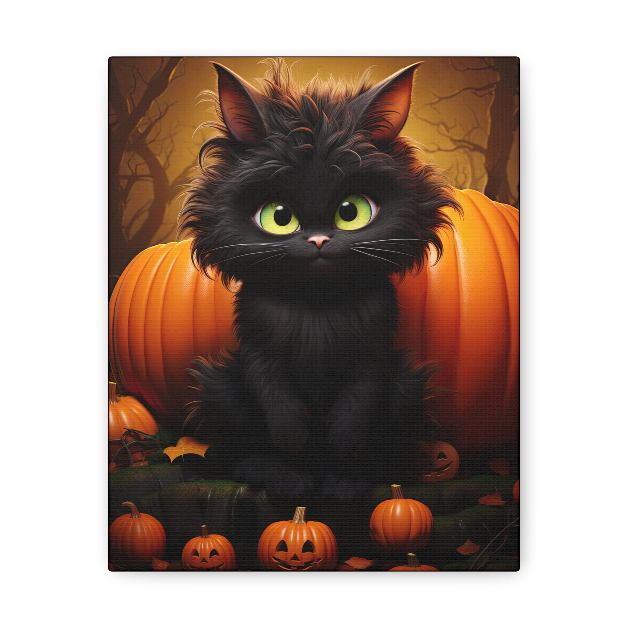 Sweet Black Cat in a Pumpkin Patch With Jack-o-lanterns on Canvas for ...