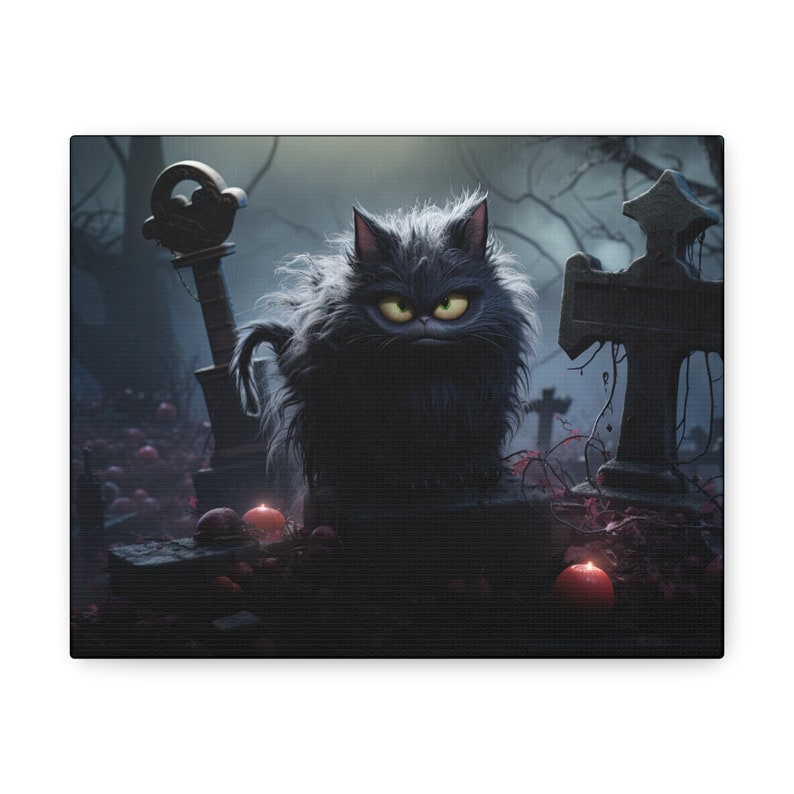 Sneaky Black Cat in a Spooky Cemetery With Candles on Canvas for ...