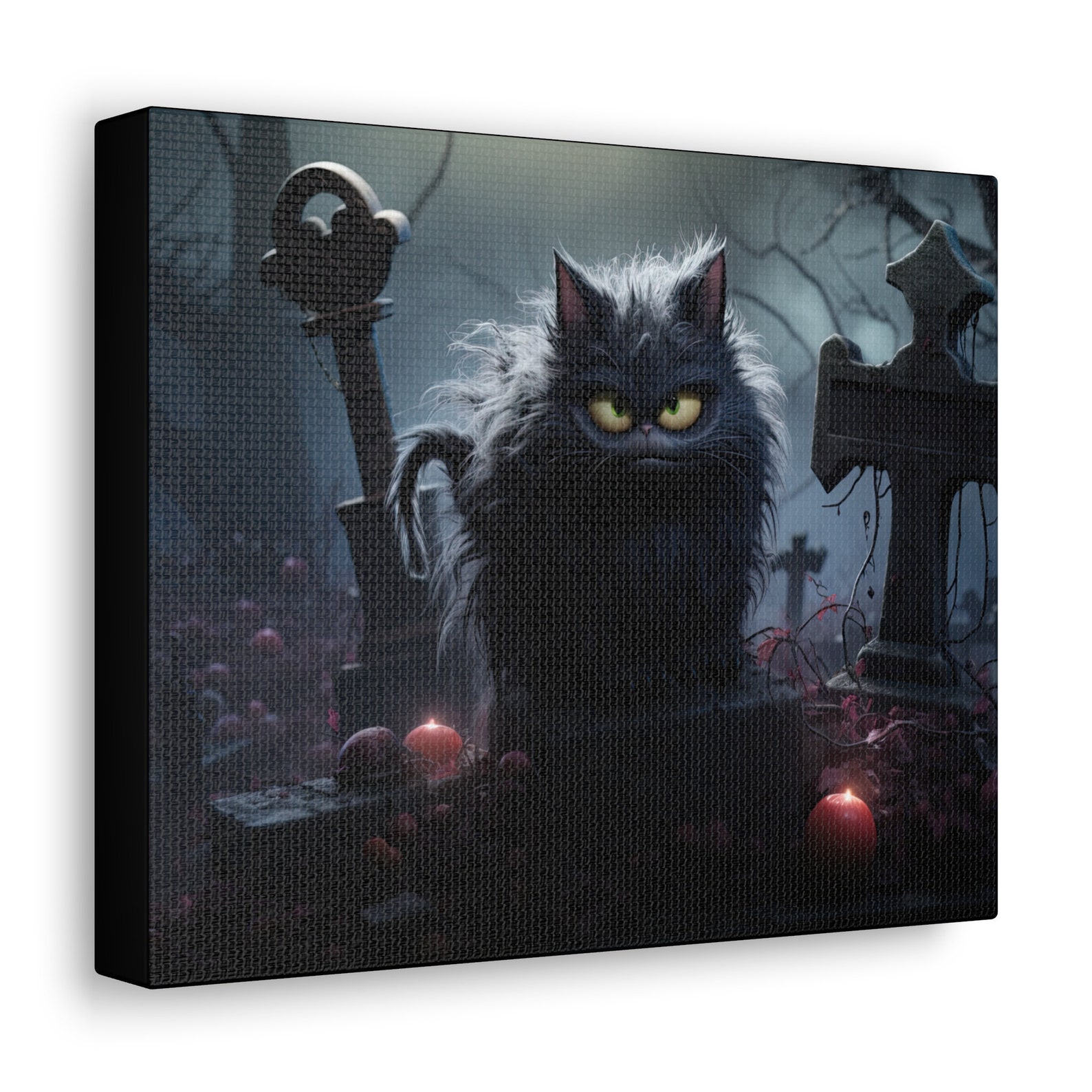 Sneaky Black Cat in a Spooky Cemetery With Candles on Canvas for ...